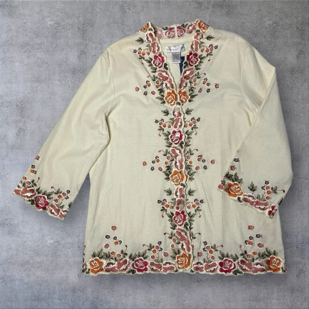 Susan Graver | Tops | Susan Graver Ivory Linen Blend Floral Embroidered ...